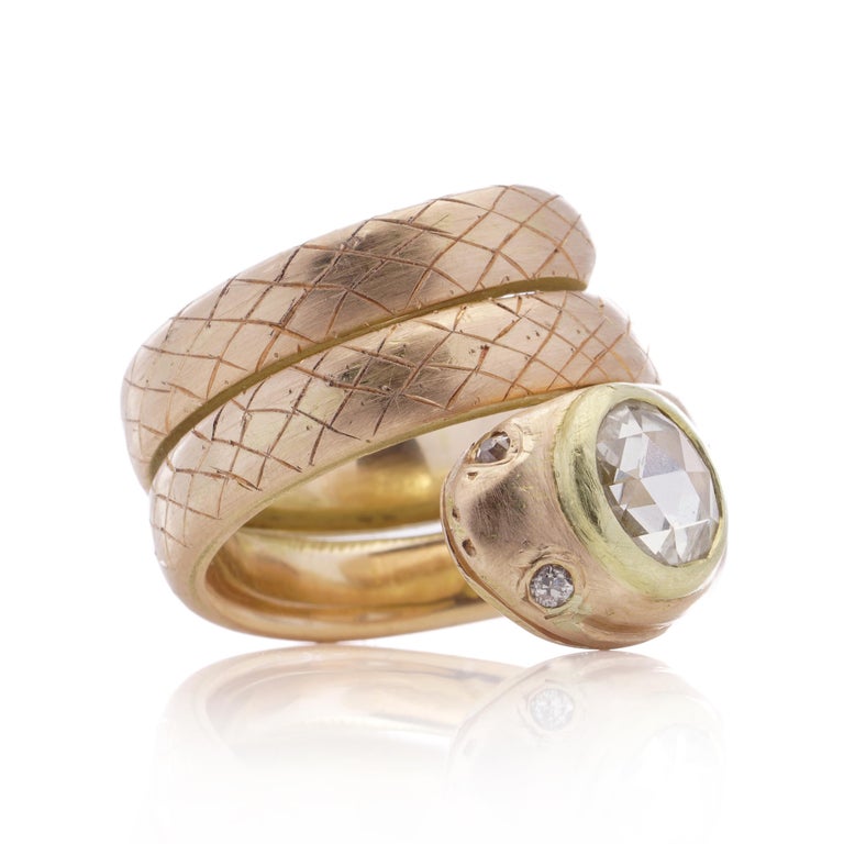 18 Karat Yellow Gold Men's Snake Ring with 1.90 Carat Rose-Cut Diamond ...