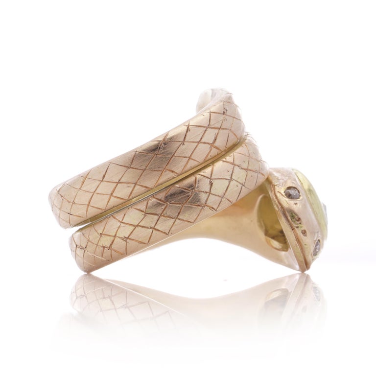 18 Karat Yellow Gold Men's Snake Ring with 1.90 Carat Rose-Cut Diamond ...