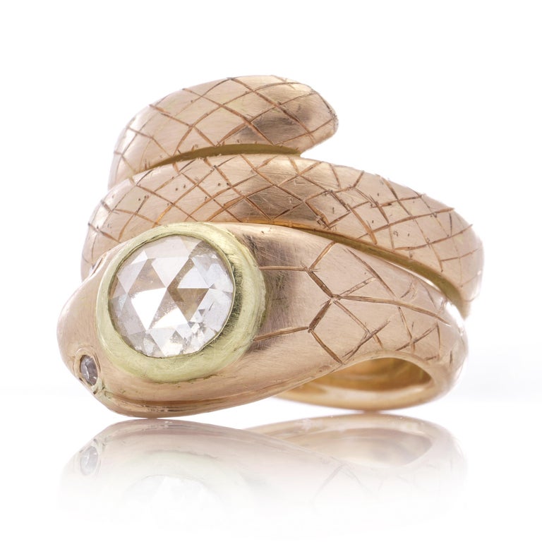 18 Karat Yellow Gold Men's Snake Ring with 1.90 Carat Rose-Cut Diamond ...