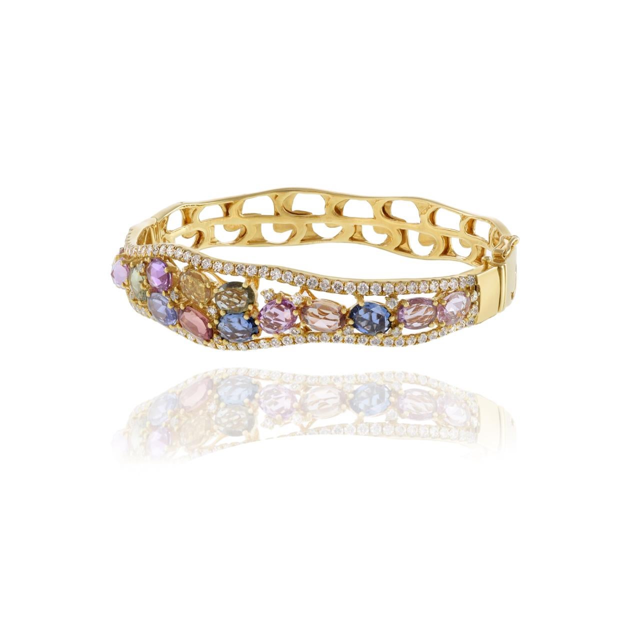 18KT Yellow Gold Multi Colored Sapphire And Diamond Bangle For Sale at ...