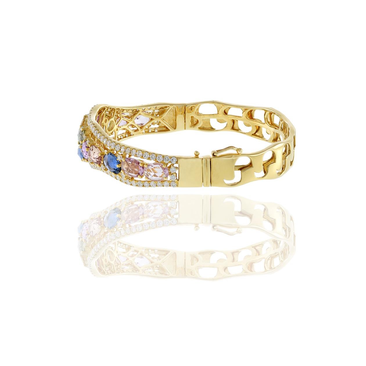 18KT Yellow Gold Multi Colored Sapphire And Diamond Bangle For Sale at ...