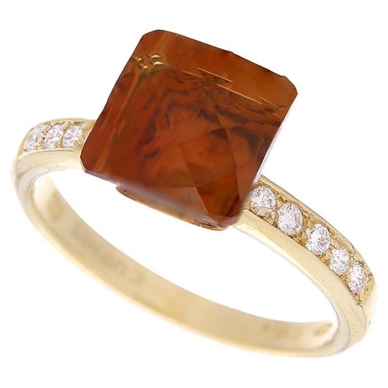 18 Karat Yellow Gold Orange Square Cut Citrine Quartz and White ...