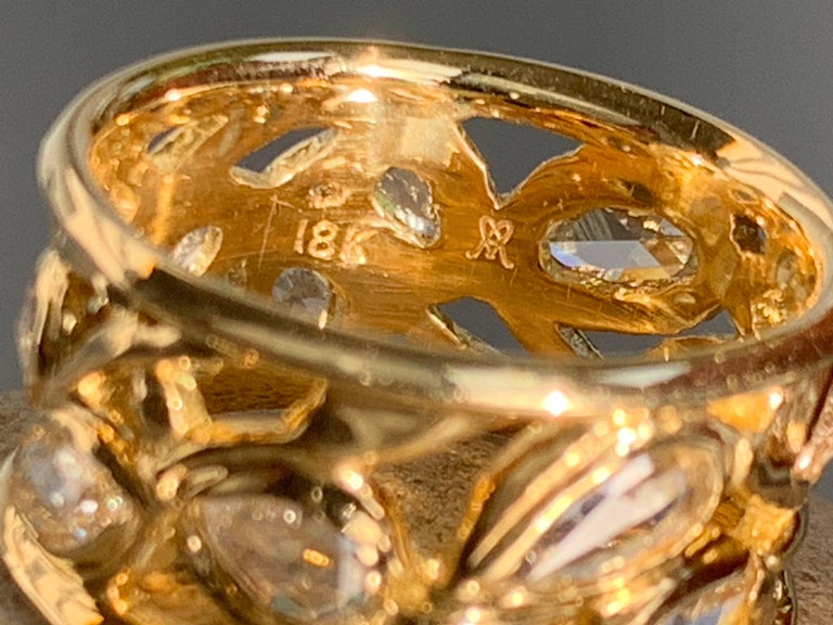 18kt Yellow Gold Organically Sculpted Wide Band Ring w/ White Rose Cut ...