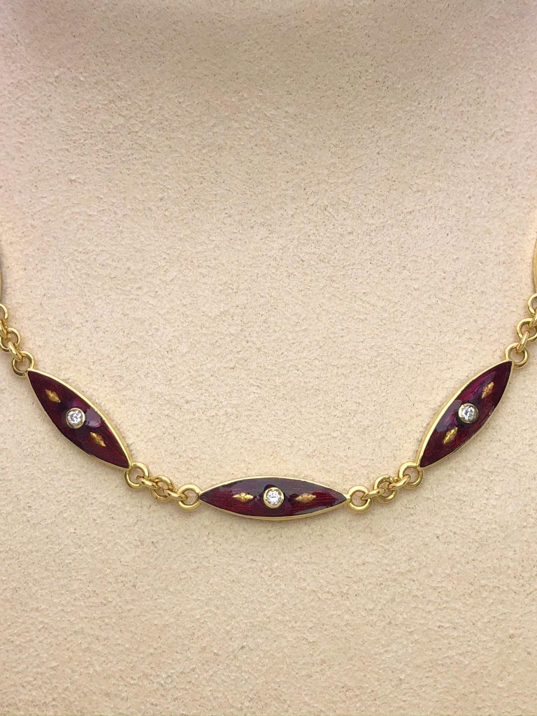 18 Karat Yellow Gold, Red Enamel with .80 Carat of Diamonds Vintage ...