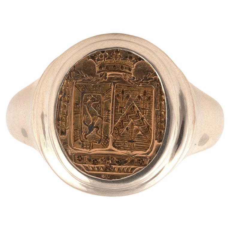 18kt Yellow Gold and Silver French Signet Ring at 1stDibs