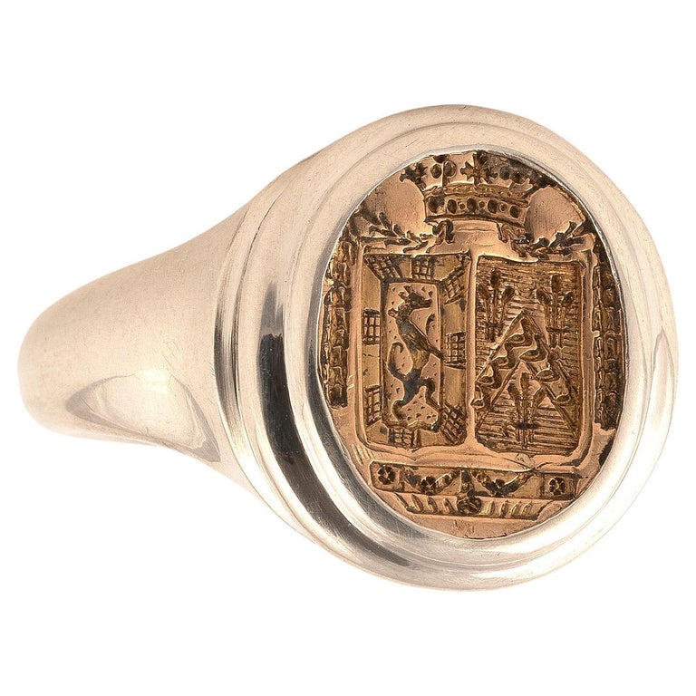 18kt Yellow Gold and Silver French Signet Ring at 1stDibs