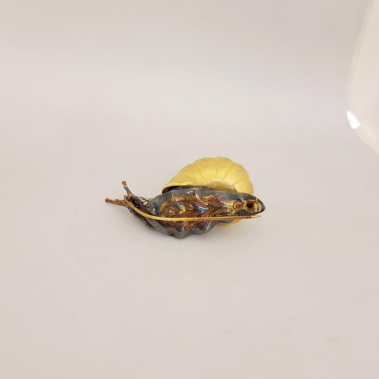 18 Karat Yellow Gold and Sterling Silver Diamond and Enamel Snail ...