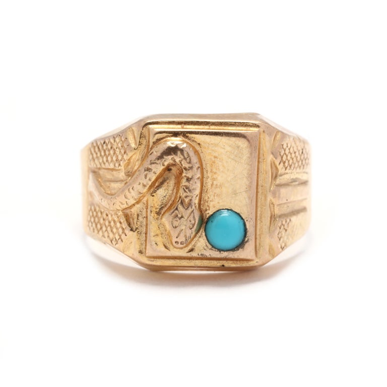18KT Yellow Gold Turquoise Snake Signet Ring at 1stDibs