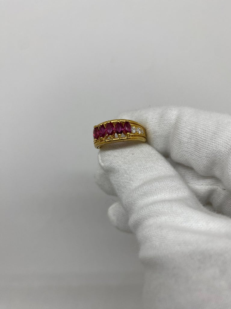 18kt Yellow Gold Vintage Ring 0.50 Navette Rubies and 0.45 Carat White ...