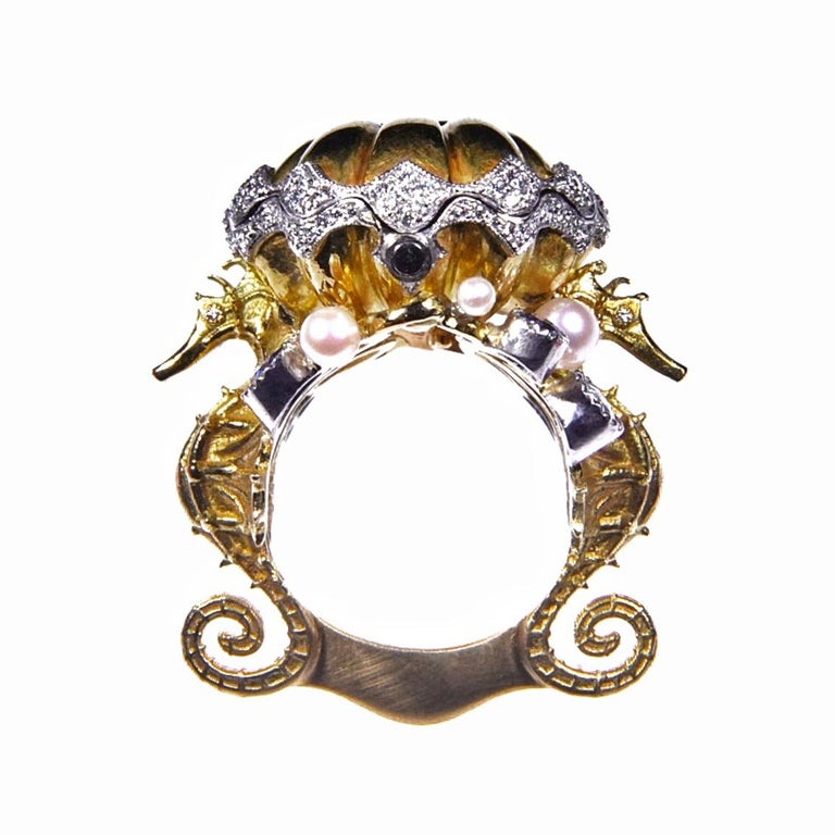 18kt Yellow White and Rose Seahorse Chamber Ring with Pearls, Sapphires ...