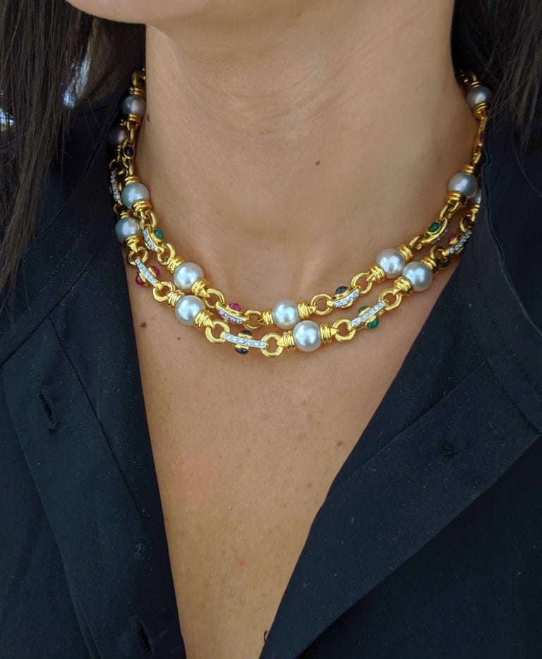 18 Karat Gold Double Strand Necklace with Diamonds Pearls and Colored ...