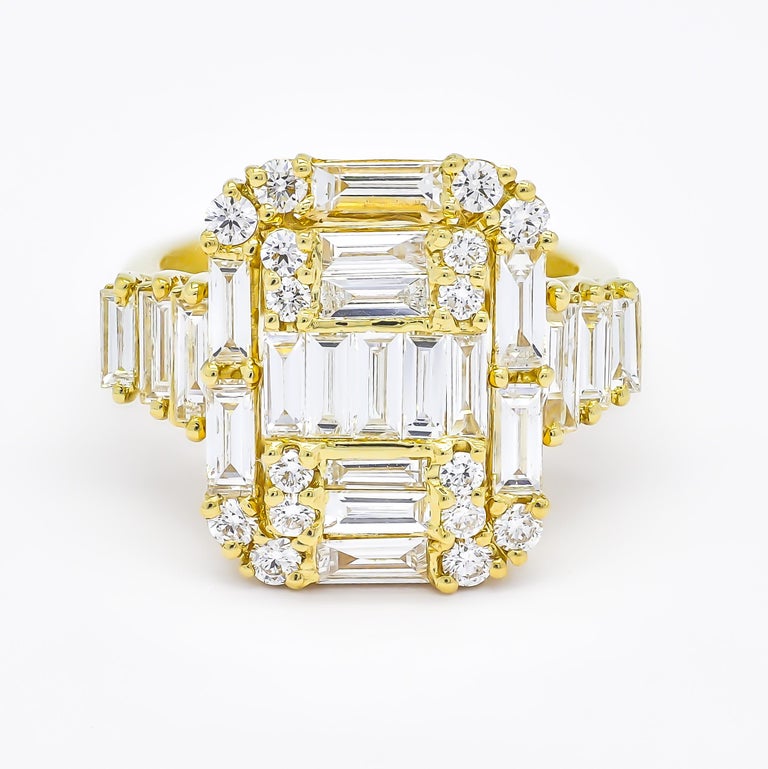 Customizable 18KT Yellow Gold Art Deco Baguette Round Diamond Cluster ...