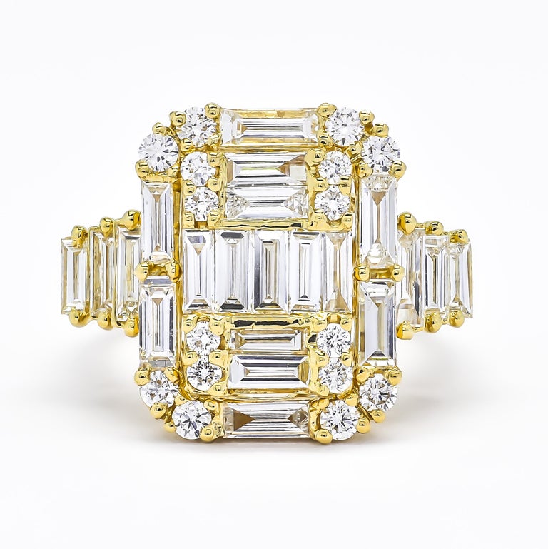 Customizable 18KT Yellow Gold Art Deco Baguette Round Diamond Cluster ...