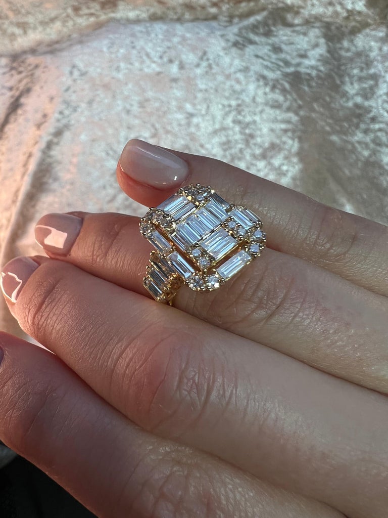 Customizable 18KT Yellow Gold Art Deco Baguette Round Diamond Cluster ...