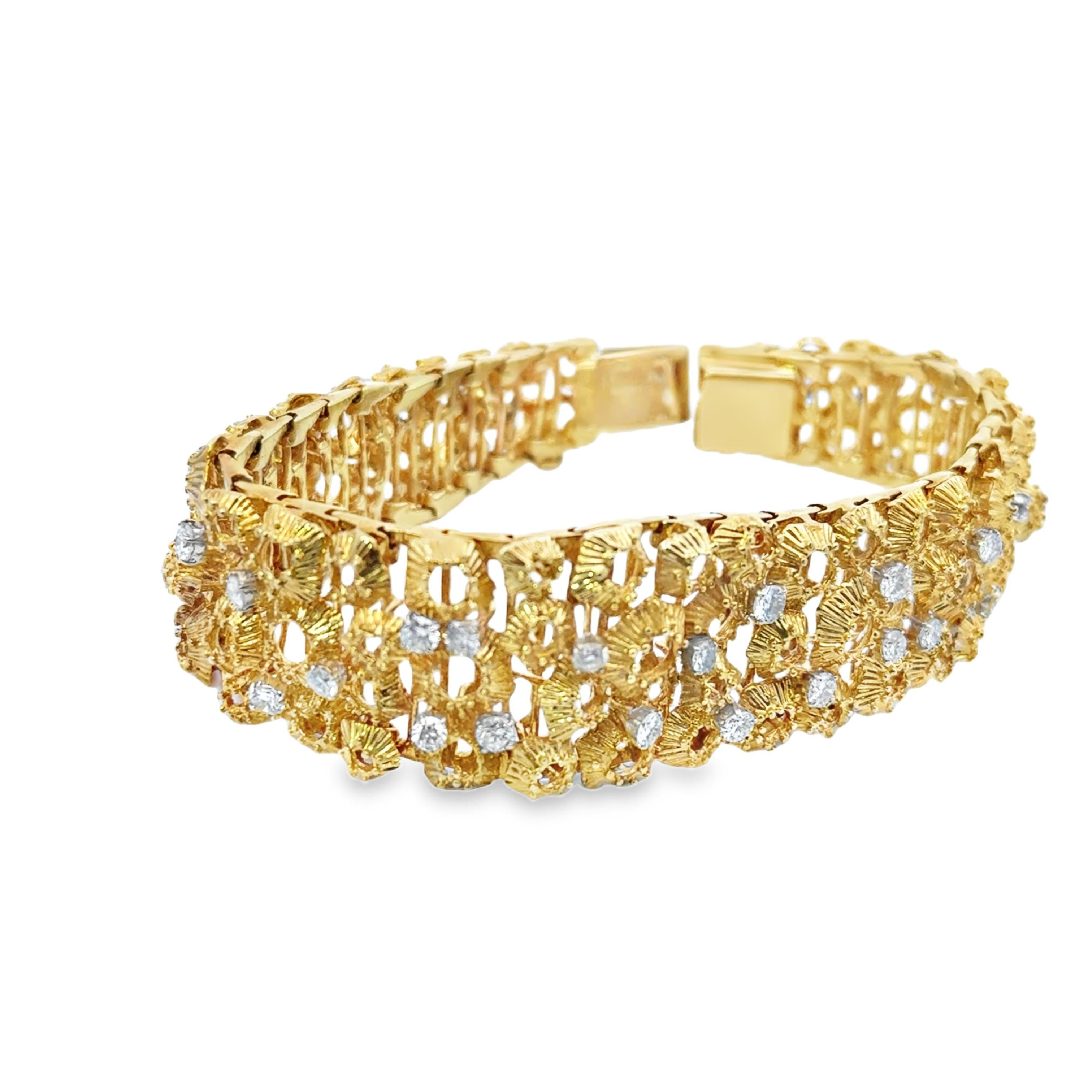 18KY 1970s Textured Gold and Diamond Bracelet For Sale at 1stDibs