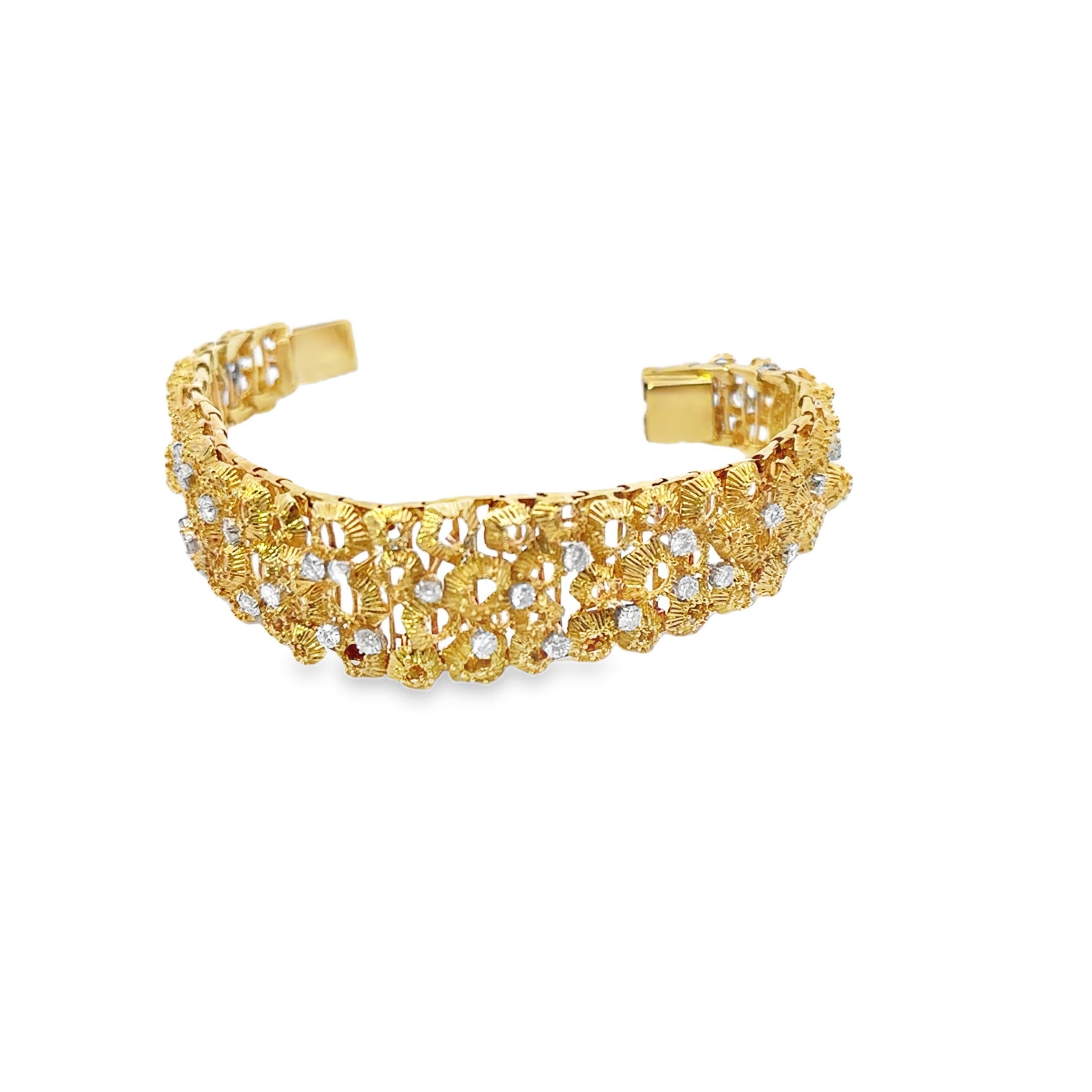 18KY 1970s Textured Gold and Diamond Bracelet For Sale at 1stDibs