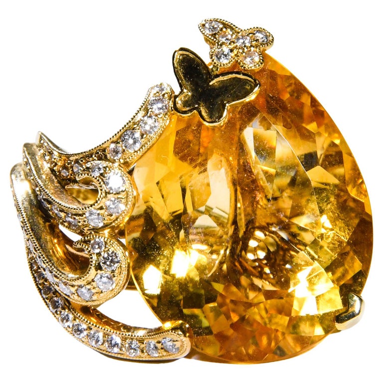 18KY Faceted Pear Shape Yellow Citrine, Swirls of White Diamonds ...