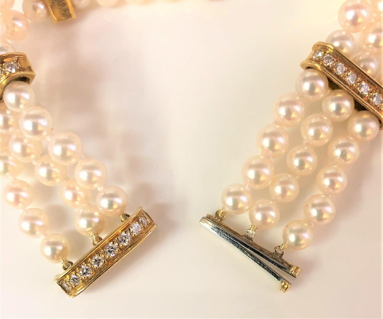 18KY Three Strand Pearl Diamond Bracelet For Sale at 1stDibs