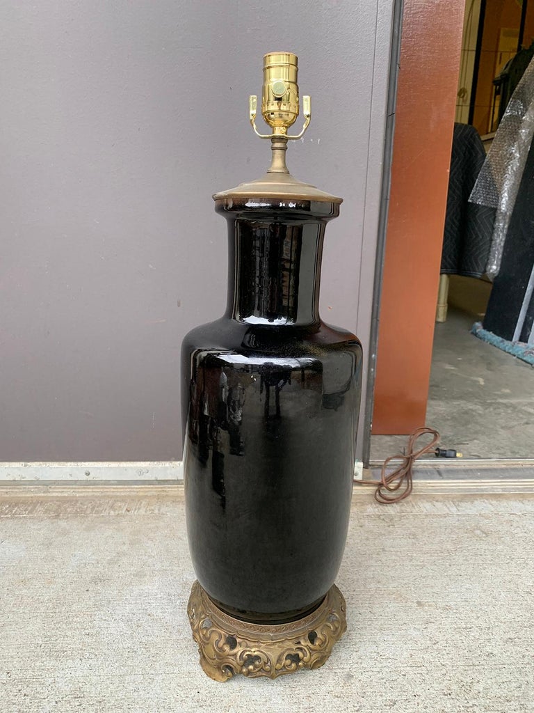 18th-19th Century Mirror Black Porcelain Vase as Lamp with Brass Base ...