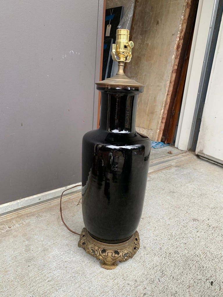 18th-19th Century Mirror Black Porcelain Vase as Lamp with Brass Base ...