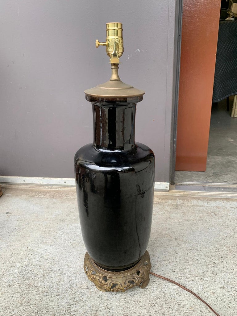 18th-19th Century Mirror Black Porcelain Vase as Lamp with Brass Base ...