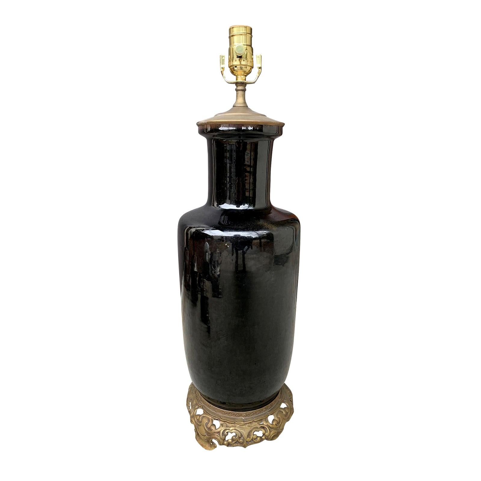 18th-19th Century Mirror Black Porcelain Vase as Lamp with Brass Base ...