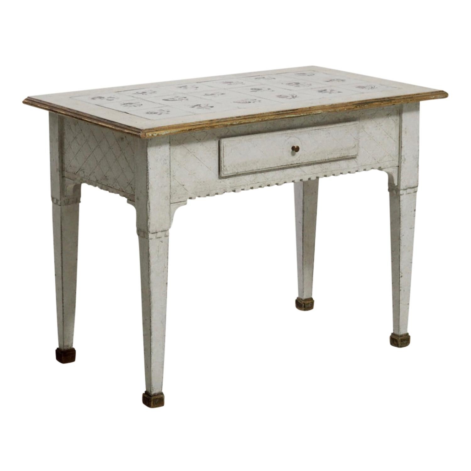 18th-19th Light-White Swedish Gustavian Tile Top Table, Small Pinewood ...