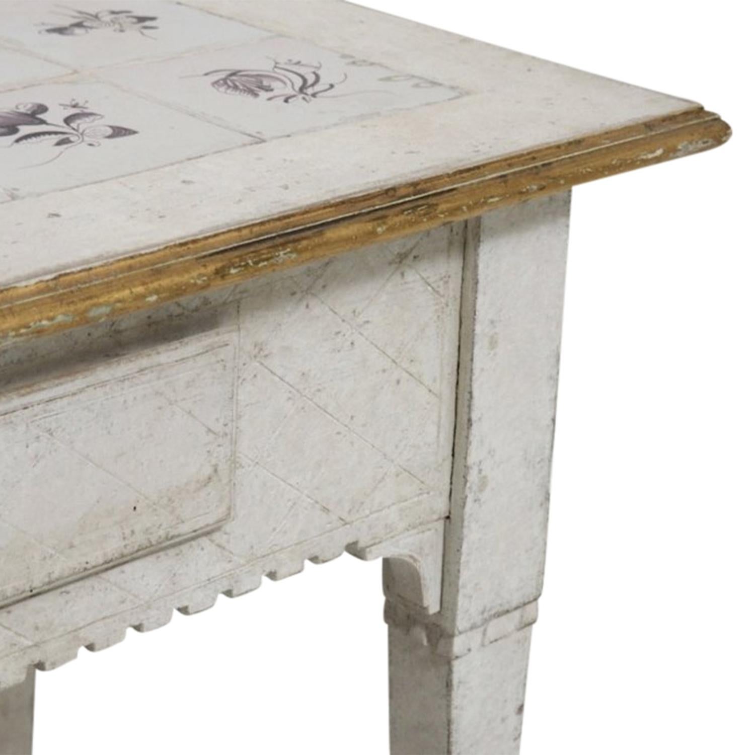 18th-19th Light-White Swedish Gustavian Tile Top Table, Small Pinewood ...