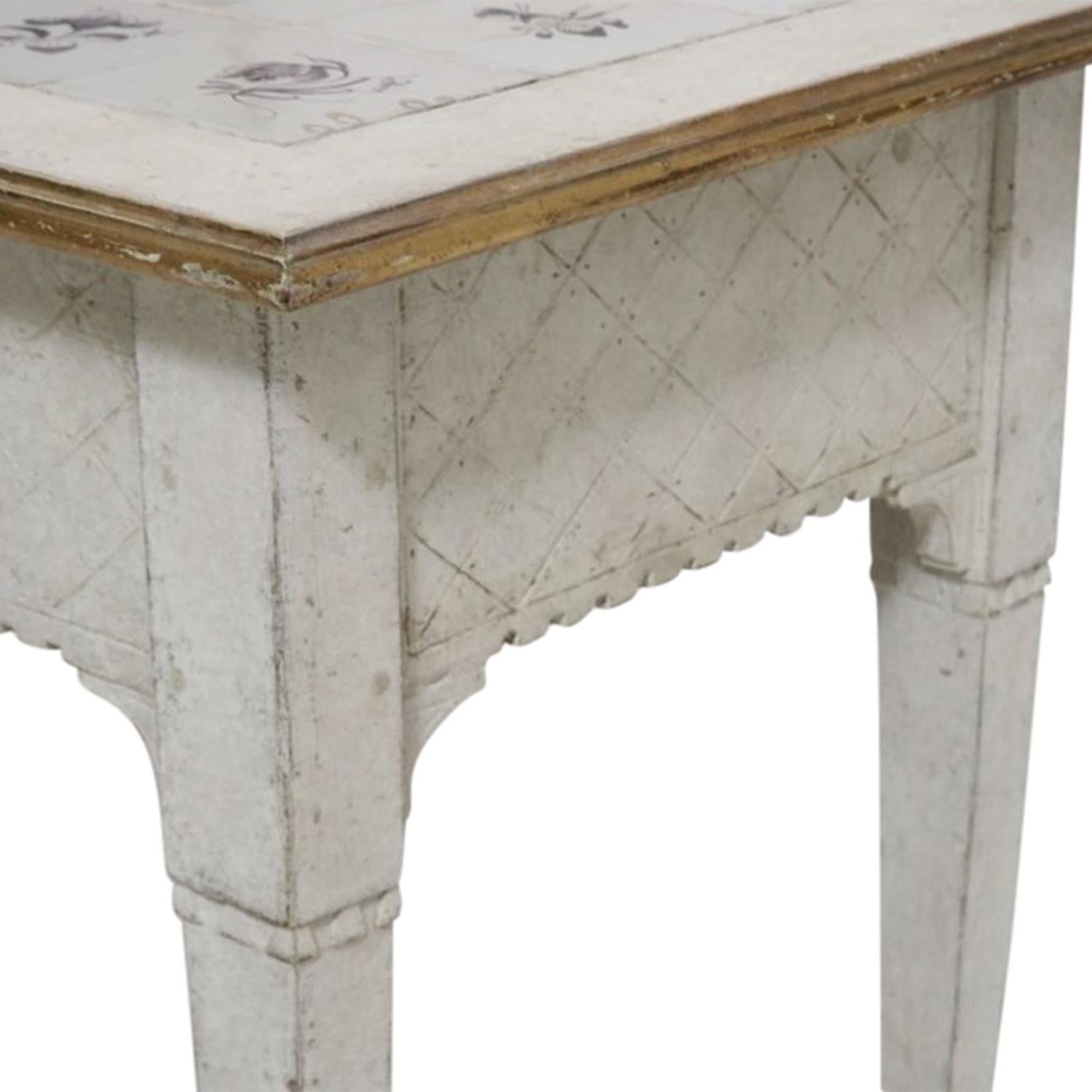 18th-19th Light-White Swedish Gustavian Tile Top Table, Small Pinewood ...