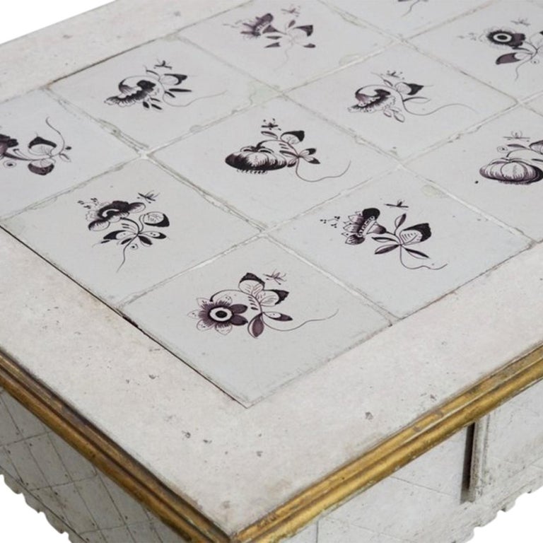 18th-19th Light-White Swedish Gustavian Tile Top Table, Small Pinewood ...