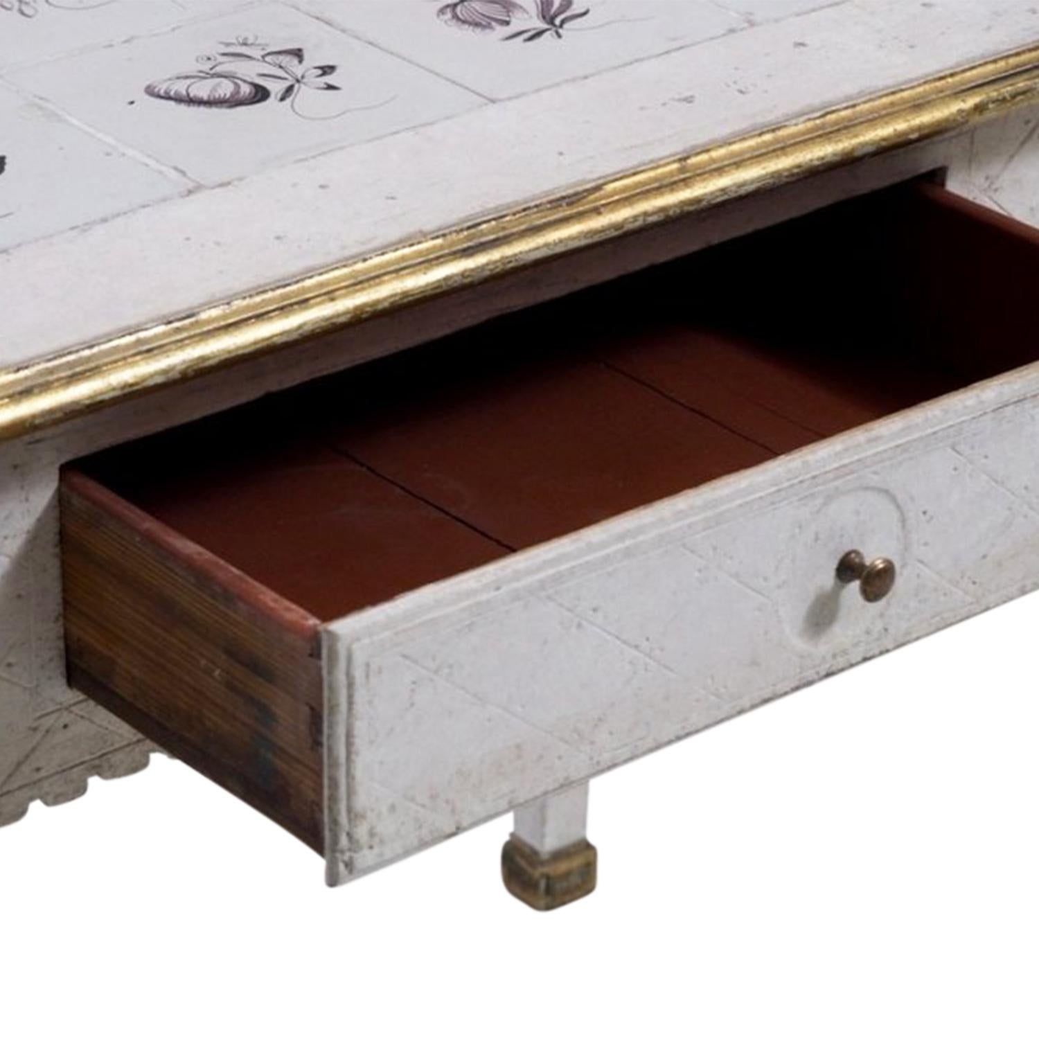 18th-19th Light-White Swedish Gustavian Tile Top Table, Small Pinewood ...