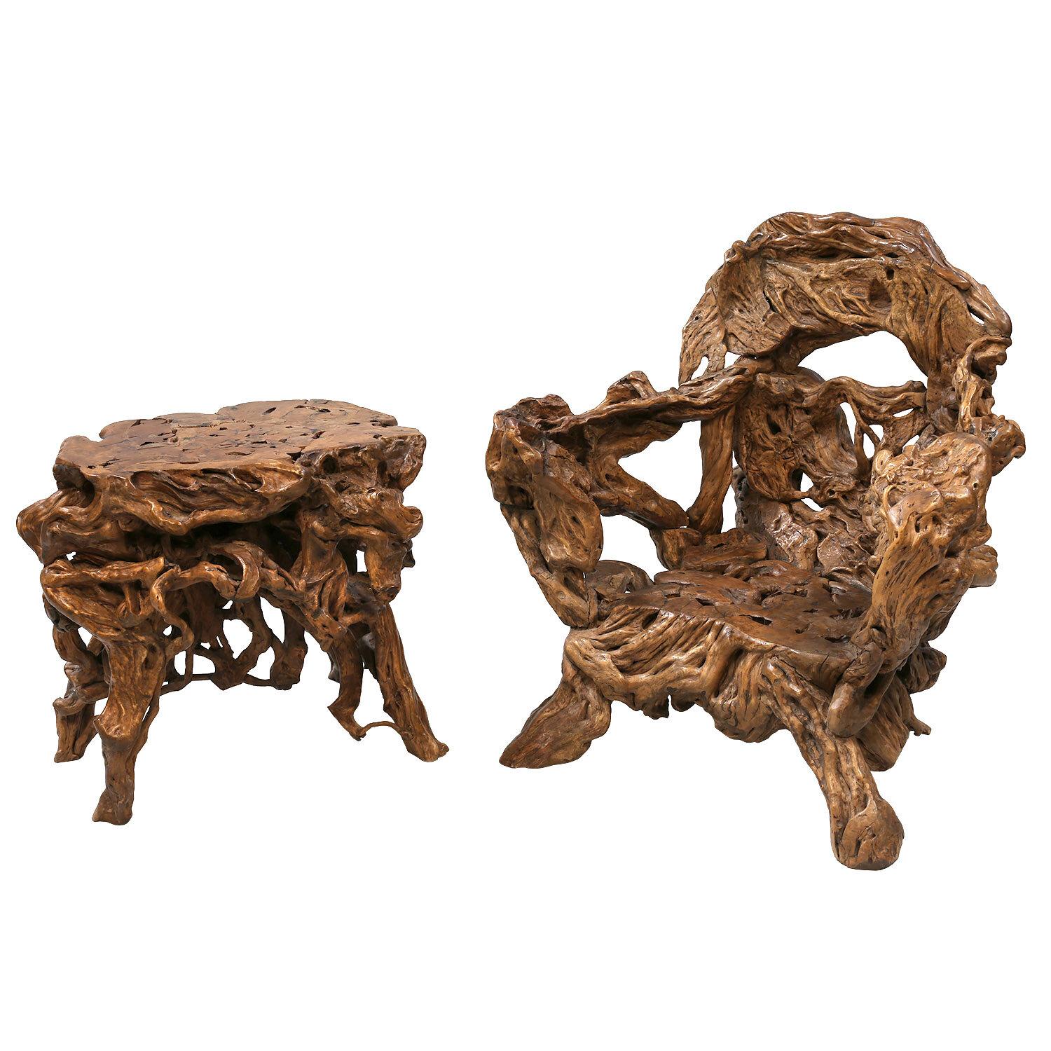 18th and 19th Century Chinese Root Wood Art Chairs and Table Set For ...
