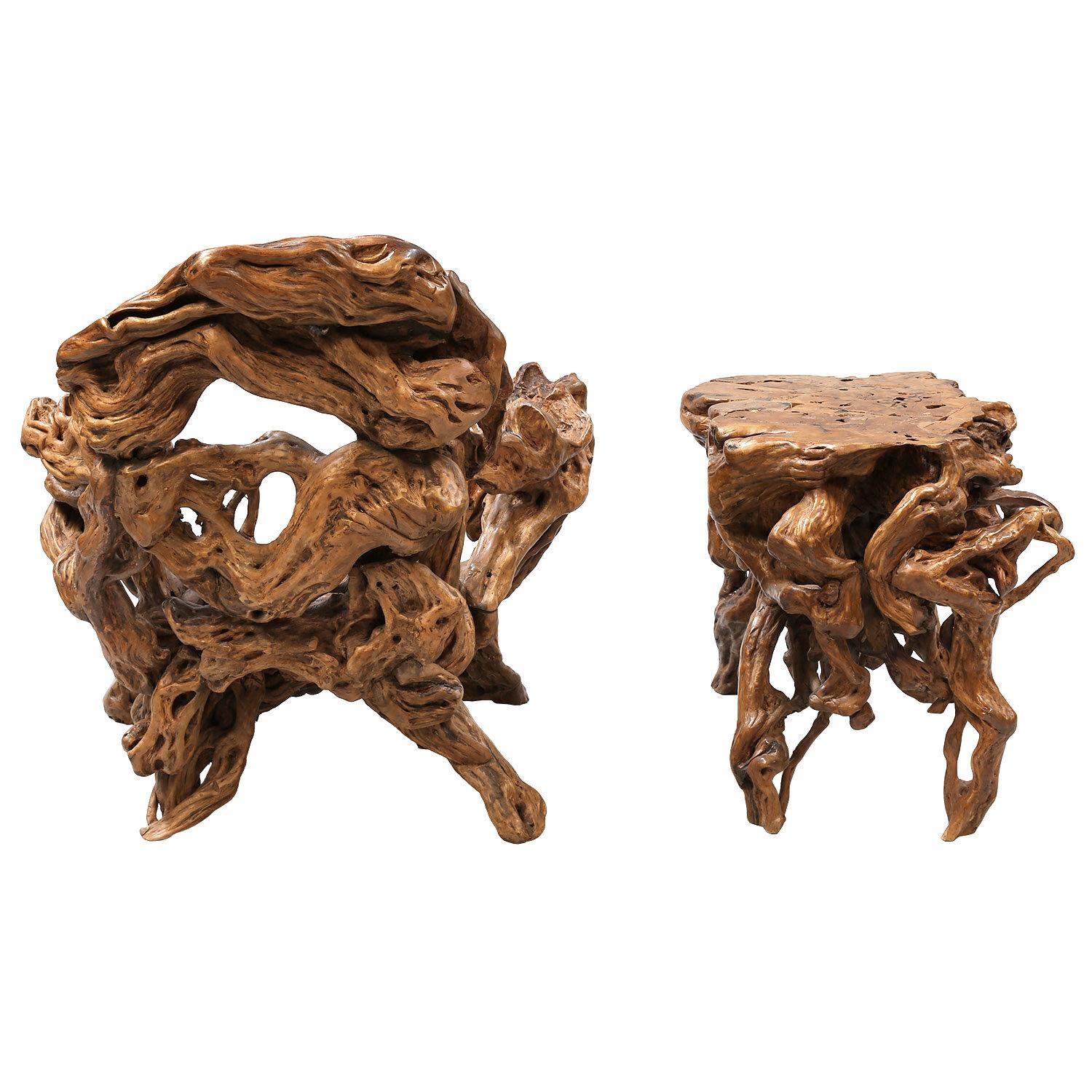18th and 19th Century Chinese Root Wood Art Chairs and Table Set For ...