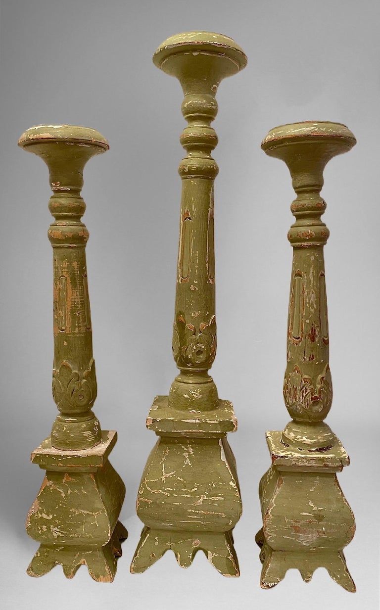 18th Century Austrian Carved and Chalkpaint Wood Alter Sticks with ...