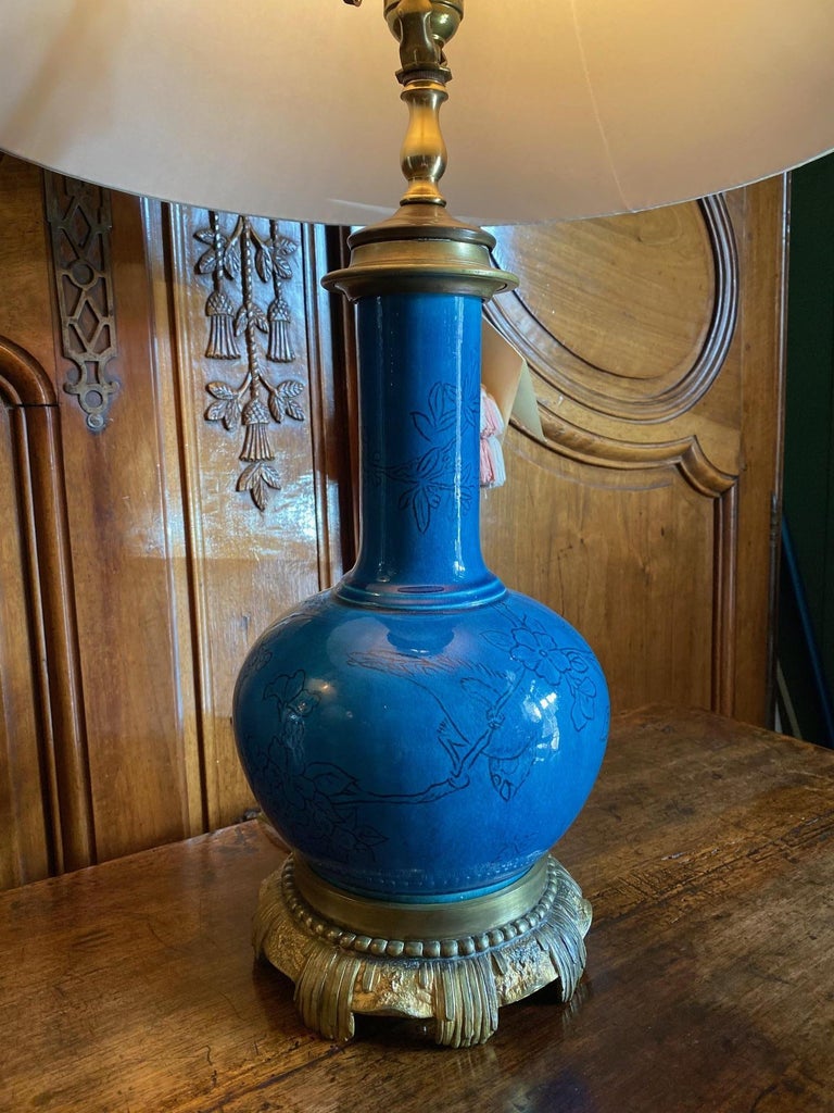 18th C. Table Lamp Ceramic Baluster Chinese blue Vase and Shade Finial ...
