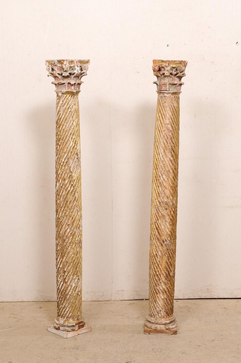 18th C. Pair of Italian Spiral-Carved Corinthian Columns, Standing at ...