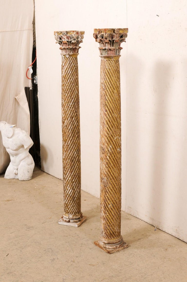 18th C. Pair of Italian Spiral-Carved Corinthian Columns, Standing at ...