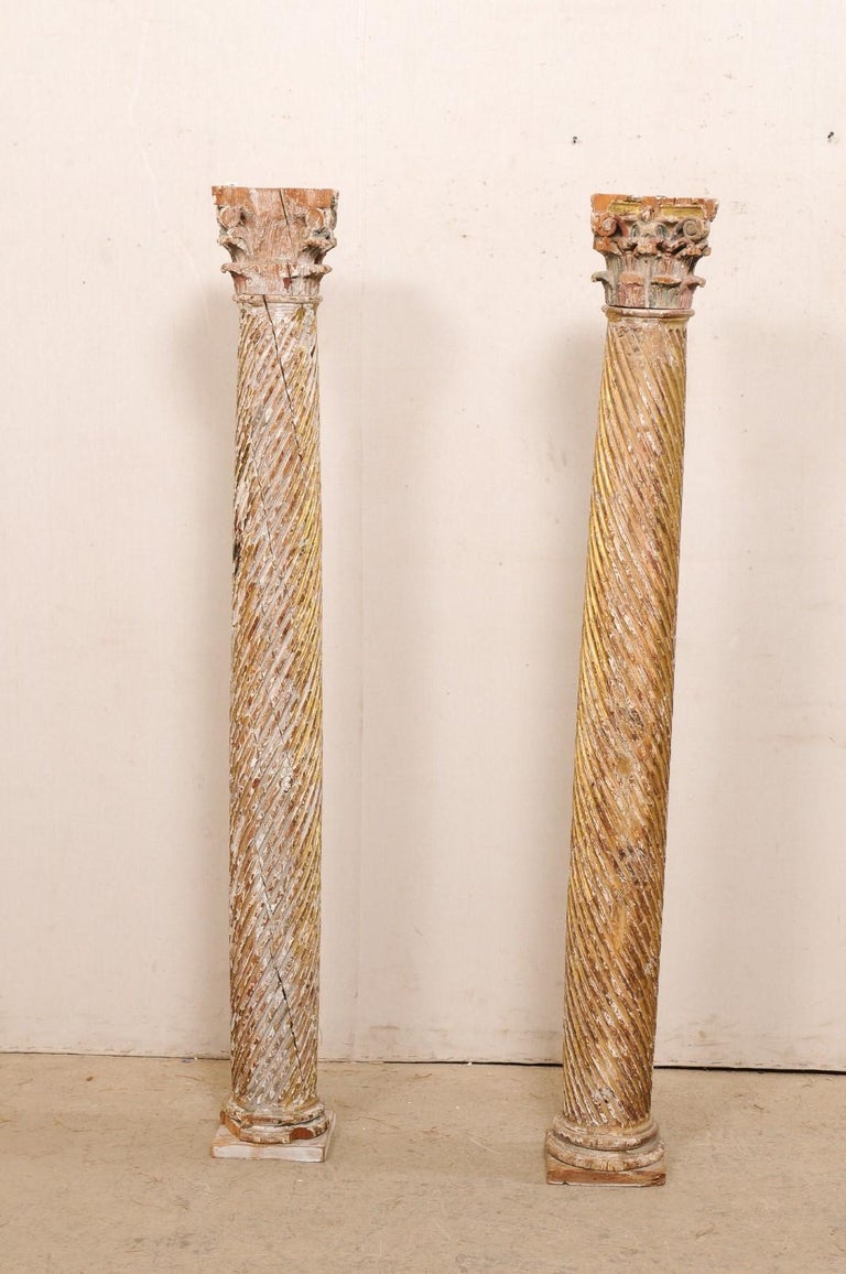 18th C. Pair of Italian Spiral-Carved Corinthian Columns, Standing at ...
