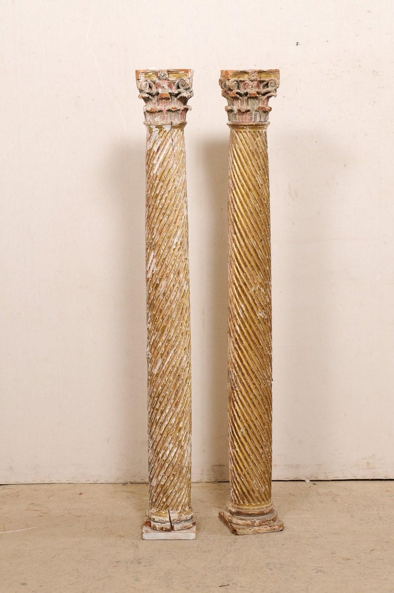 18th C. Pair of Italian Spiral-Carved Corinthian Columns, Standing at ...