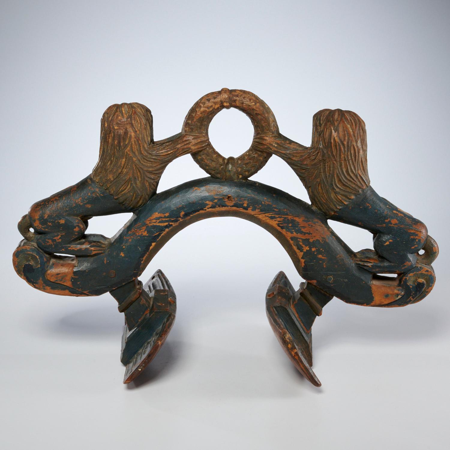 19th c. Qing Dynasty Carved Blue Polychrome Wood Pack Saddle Element ...