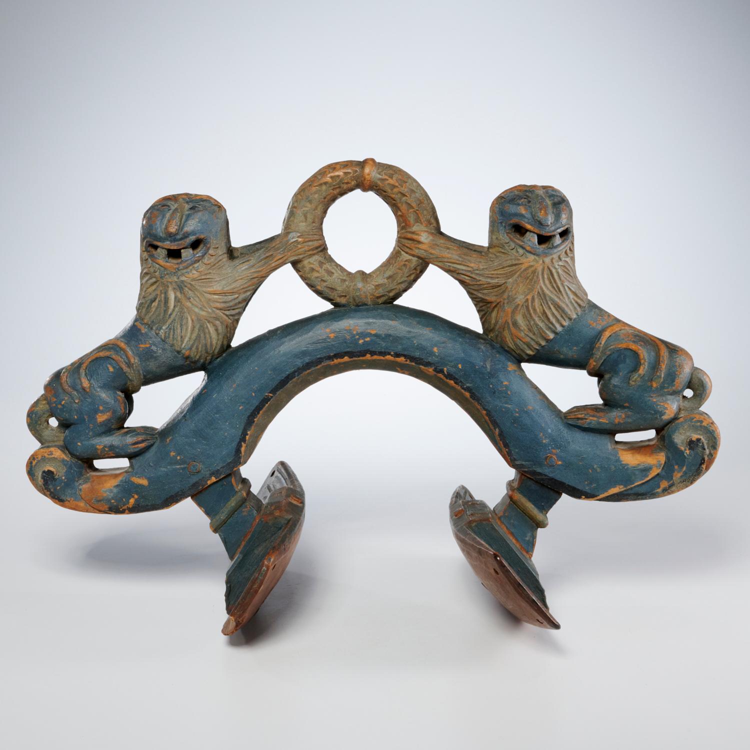 19th c. Qing Dynasty Carved Blue Polychrome Wood Pack Saddle Element ...