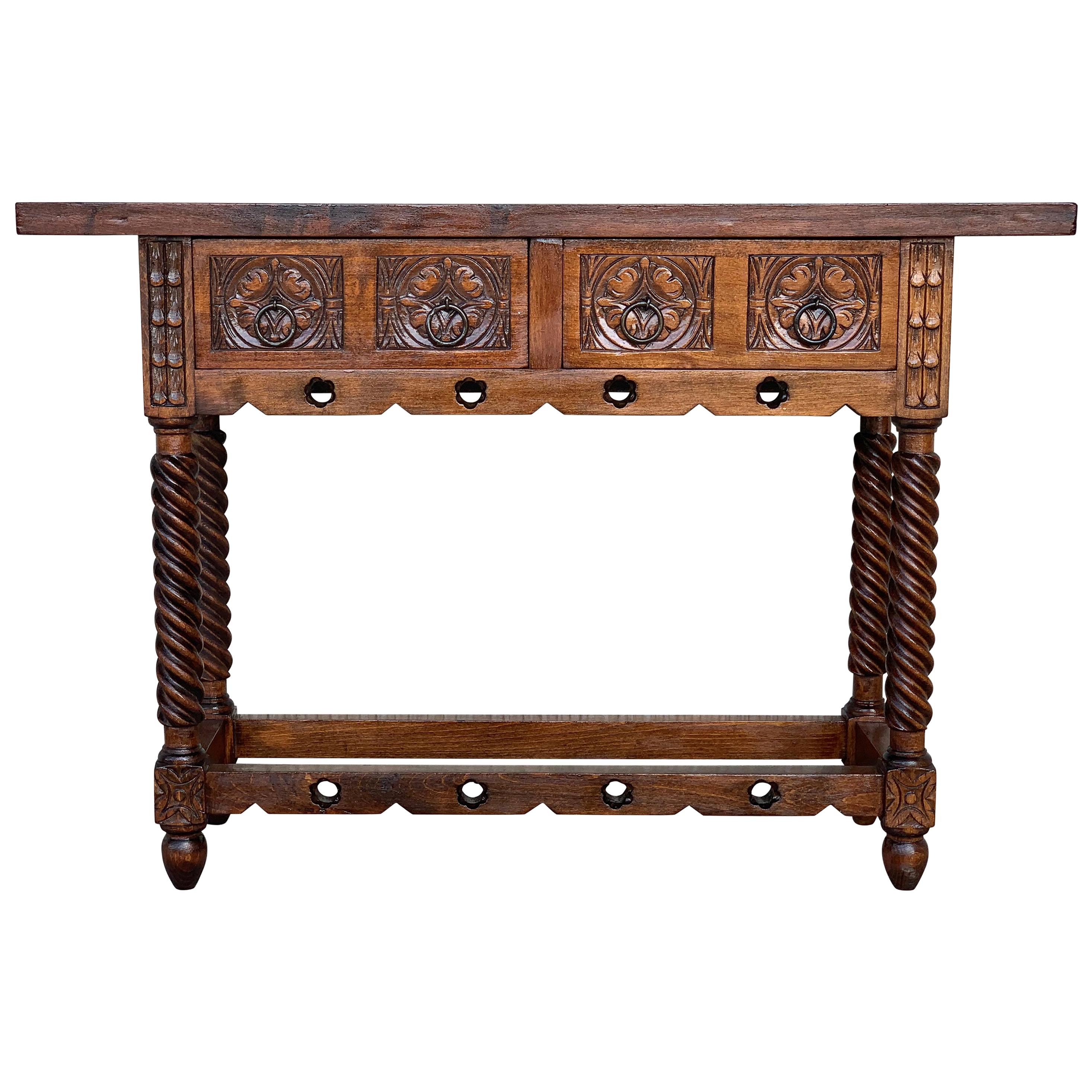 18th Carved Two-Drawer Baroque Spanish Walnut Console Table with Iron ...