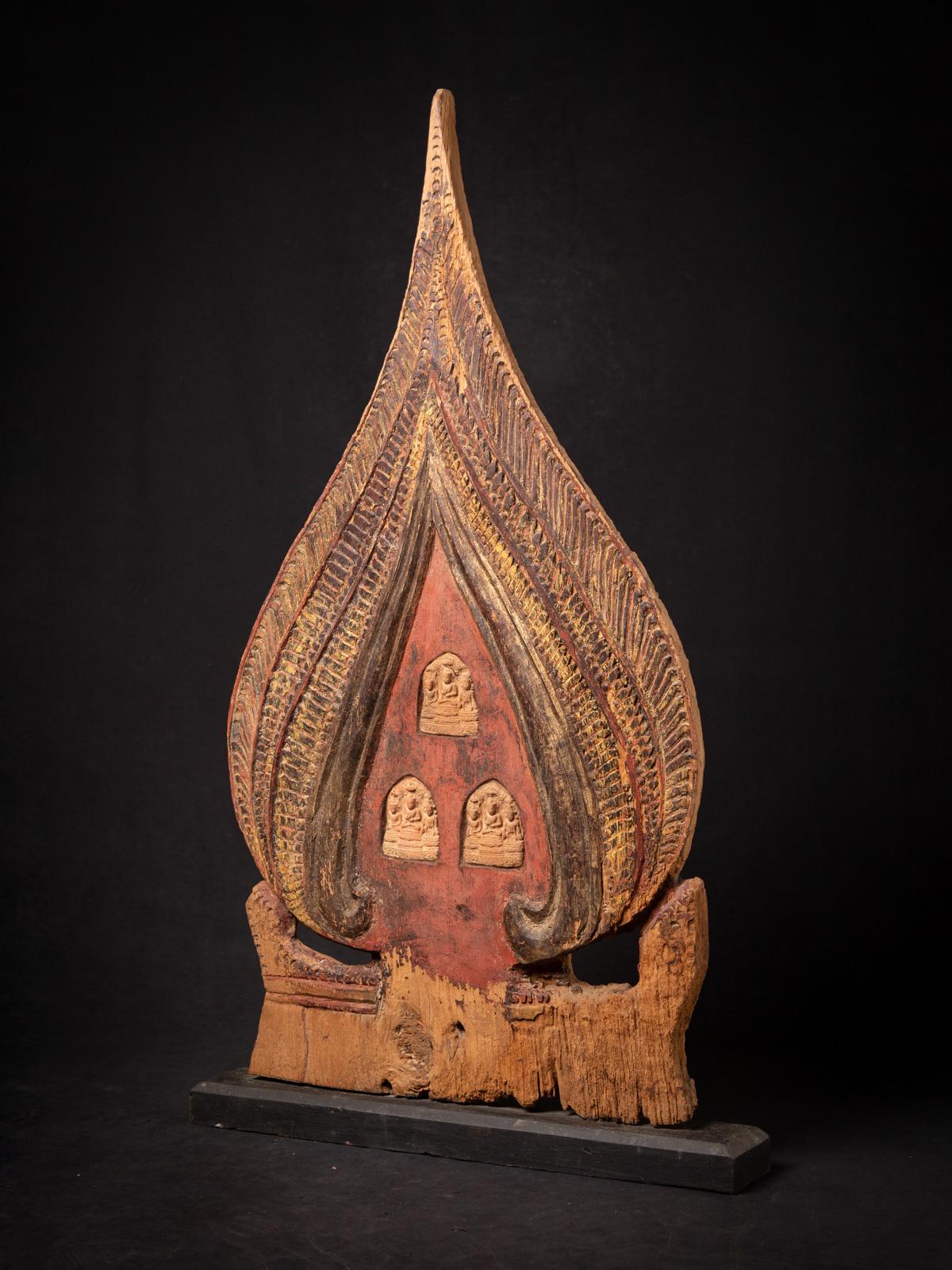 18th century antique Burmese wooden panel with three terracotta Buddha ...
