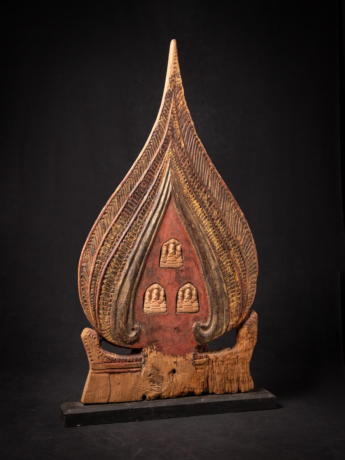 18th century antique Burmese wooden panel with three terracotta Buddha ...