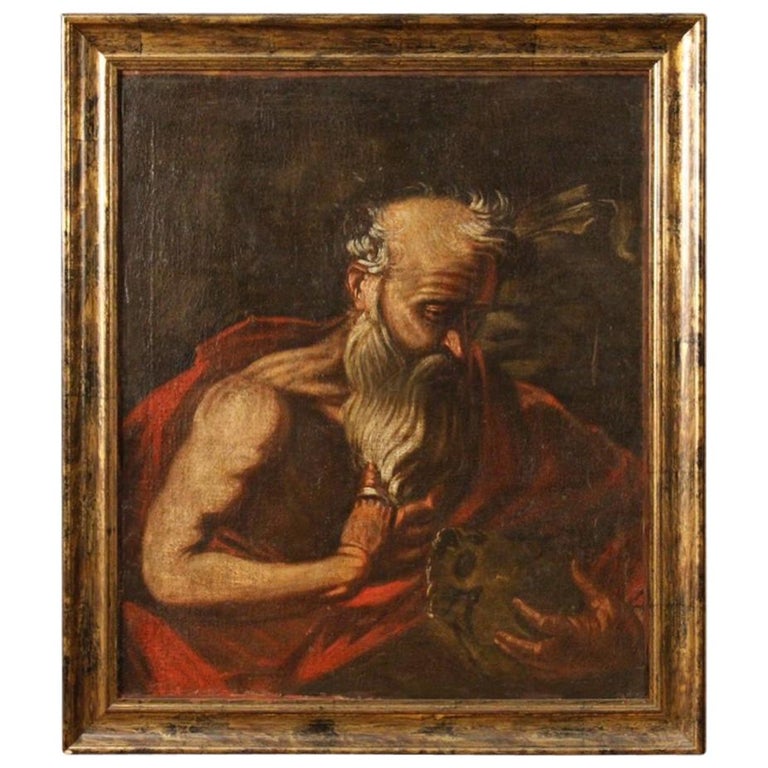 18th Century Antique Oil on Canvas Italian Religious Saint Jerome ...