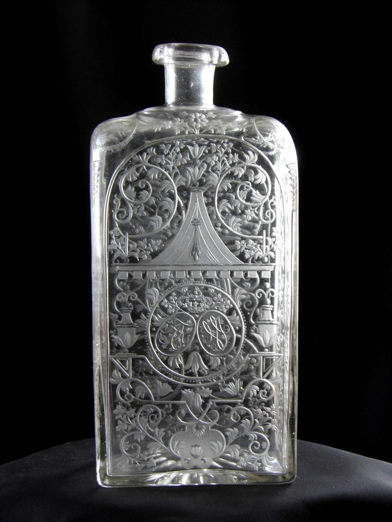 Engraved Heraldic Baroque bottle of the 18th century-Hunting motif ...