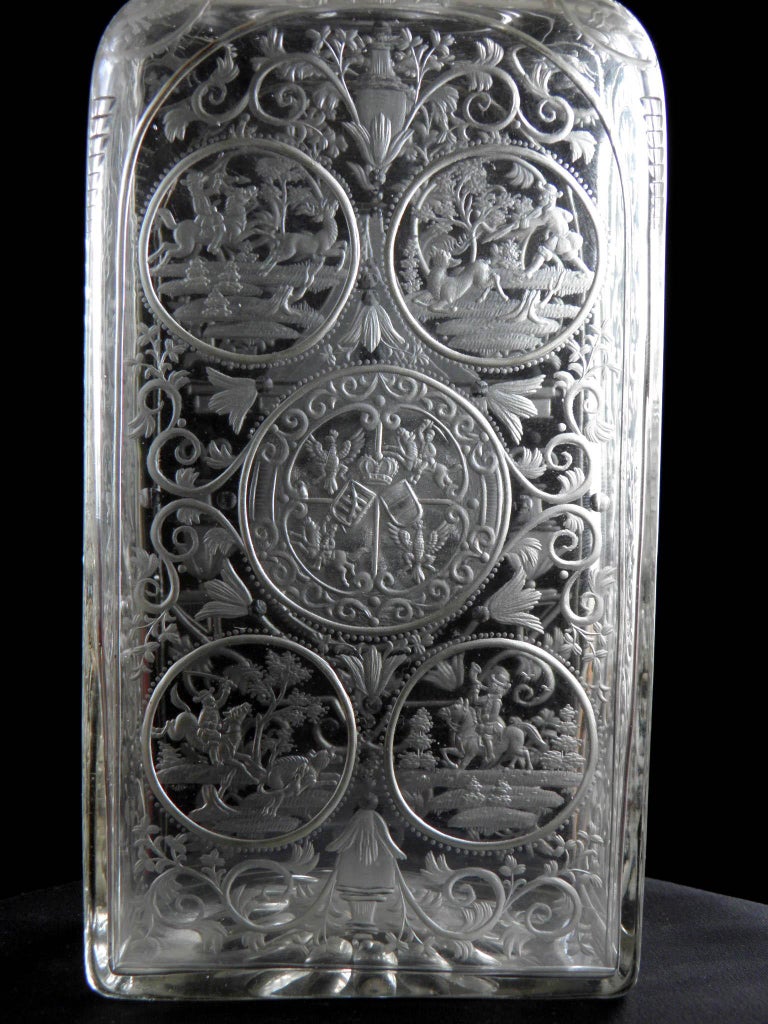 Engraved Heraldic Baroque bottle of the 18th century-Hunting motif ...