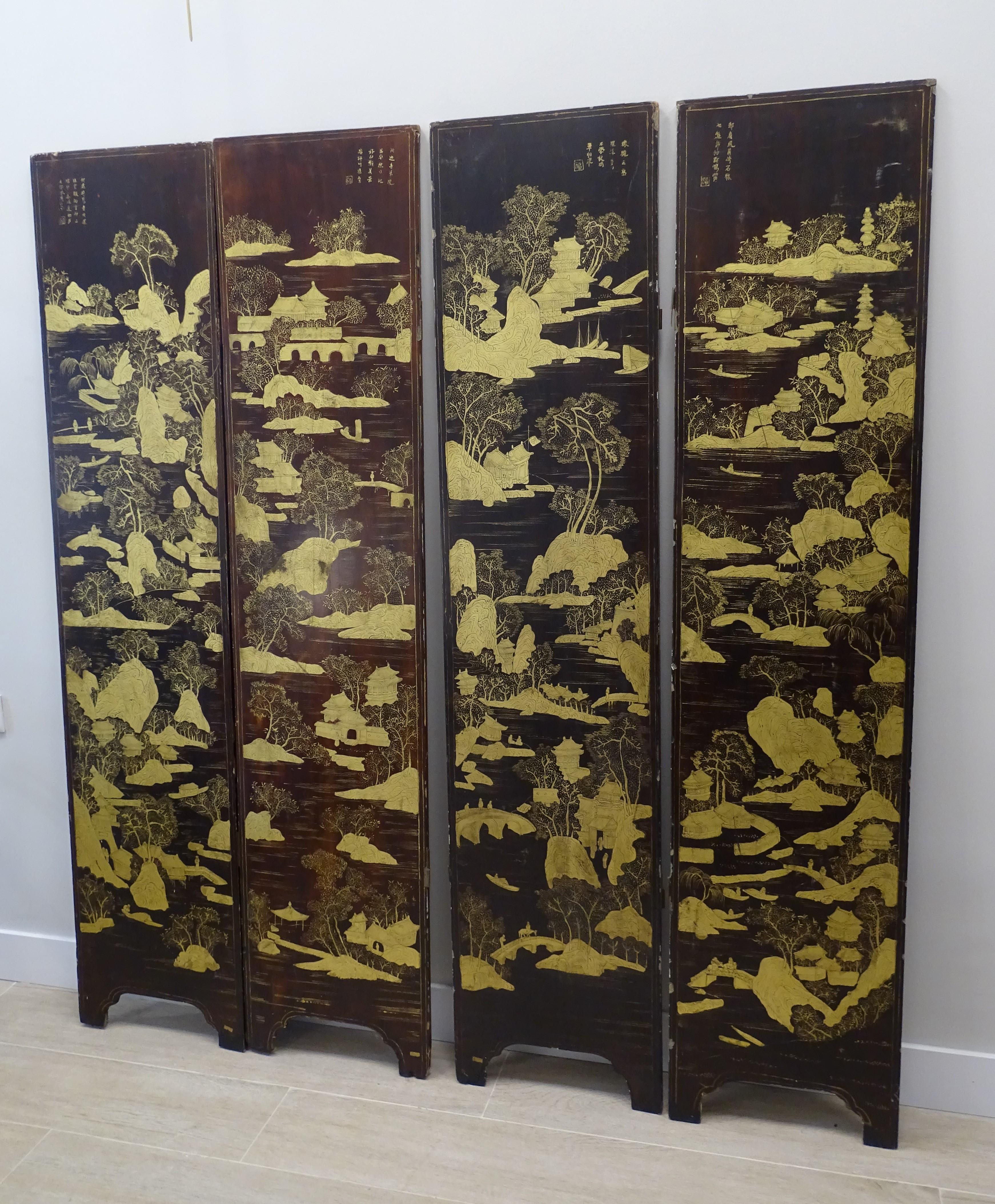18th Century Black and Gold Coromandel Screen with 4 Sheets For Sale at ...