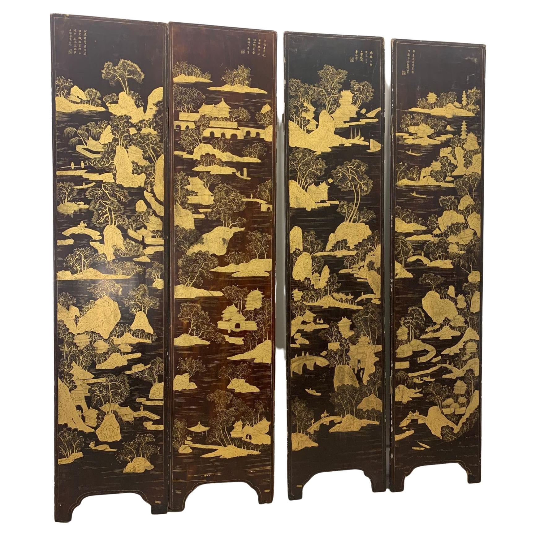 18th Century Black and Gold Coromandel Screen with 4 Sheets For Sale at ...