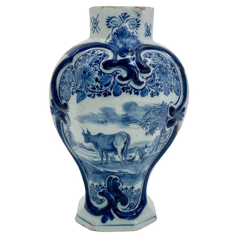 18th Century Blue and White Delft Vase with a Large Cow Scenery For ...